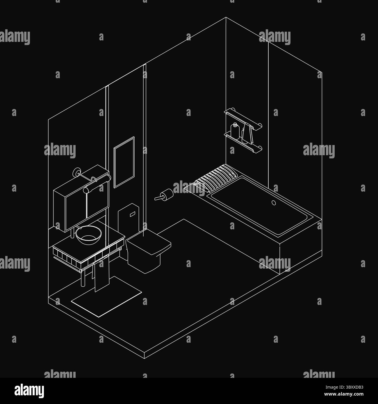 Black and white line drawing of a bathroom interior featuring a sink ...