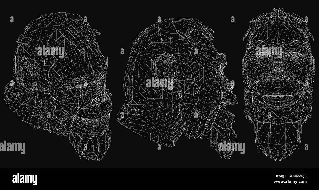 Neanderthal men depicted in a detailed wireframe style, arranged in a triangular formation on a ...
