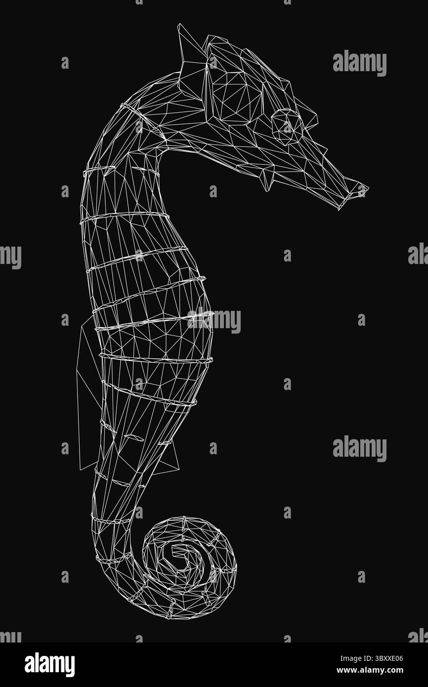 A wireframe seahorse stands out against a black background, showcasing ...