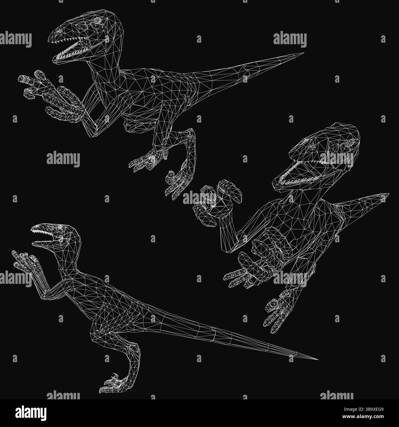 Three velociraptor dinosaurs rendered as detailed 3D wireframe models ...
