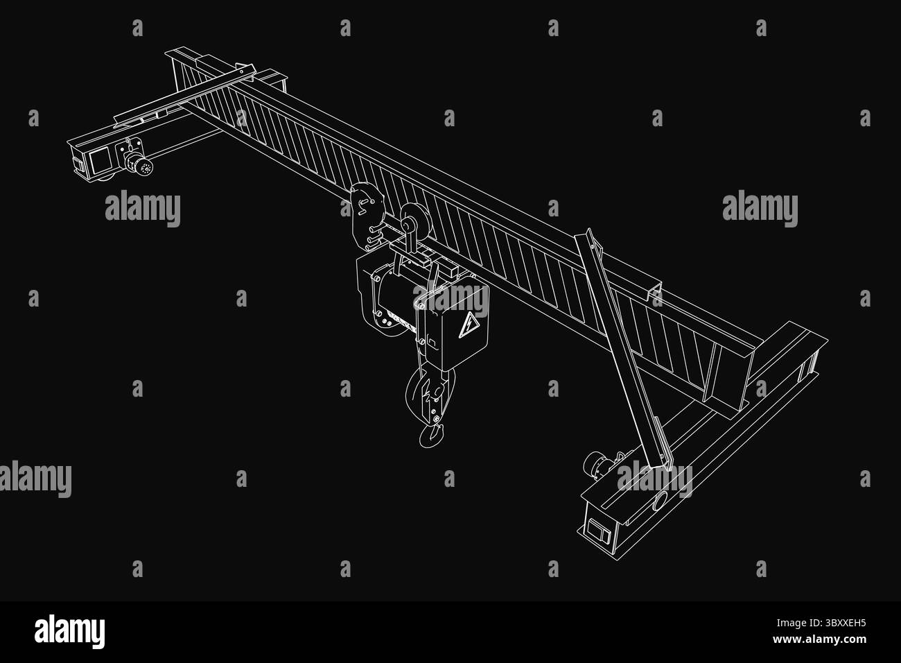 Single girder overhead crane drawing on black background, featuring a ...