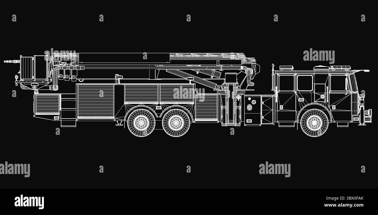 Fire truck blueprint on black background, featuring a detailed vector ...