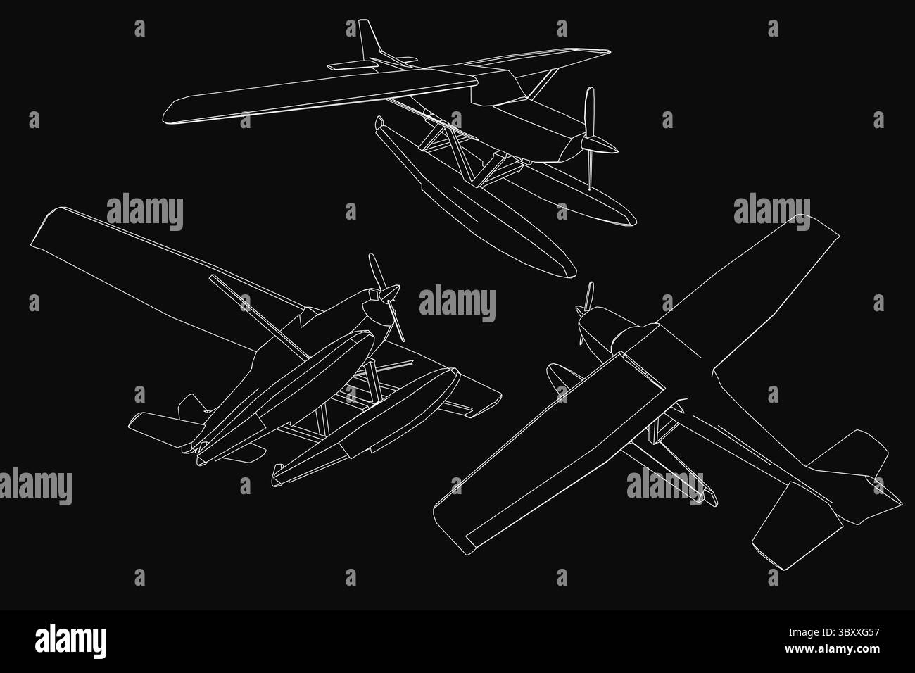 Three biplanes with unique designs arranged in a triangular formation ...