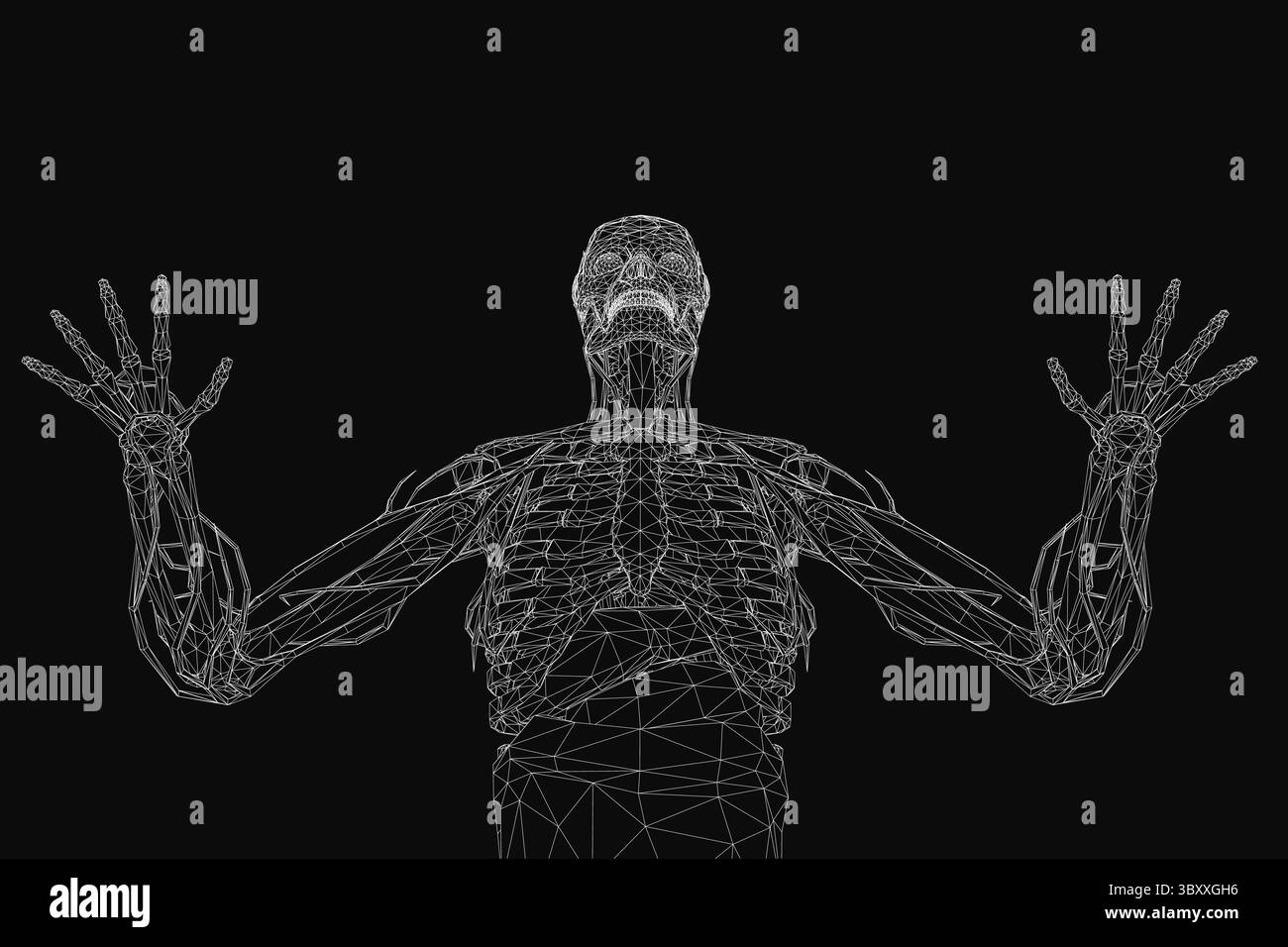 A wireframe human skeleton with outstretched arms against a black ...