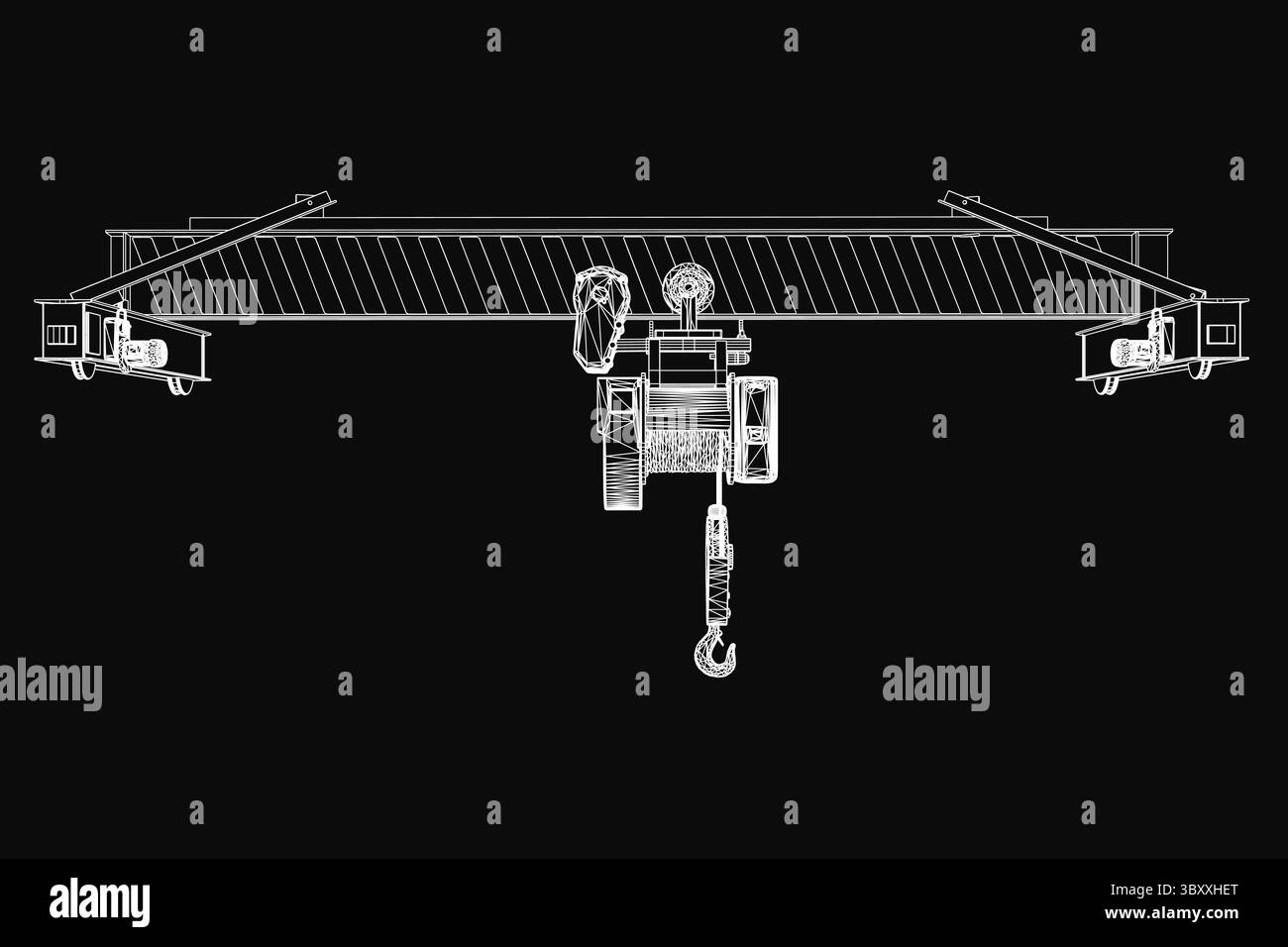 Single girder overhead crane illustrated in precise detail against a ...