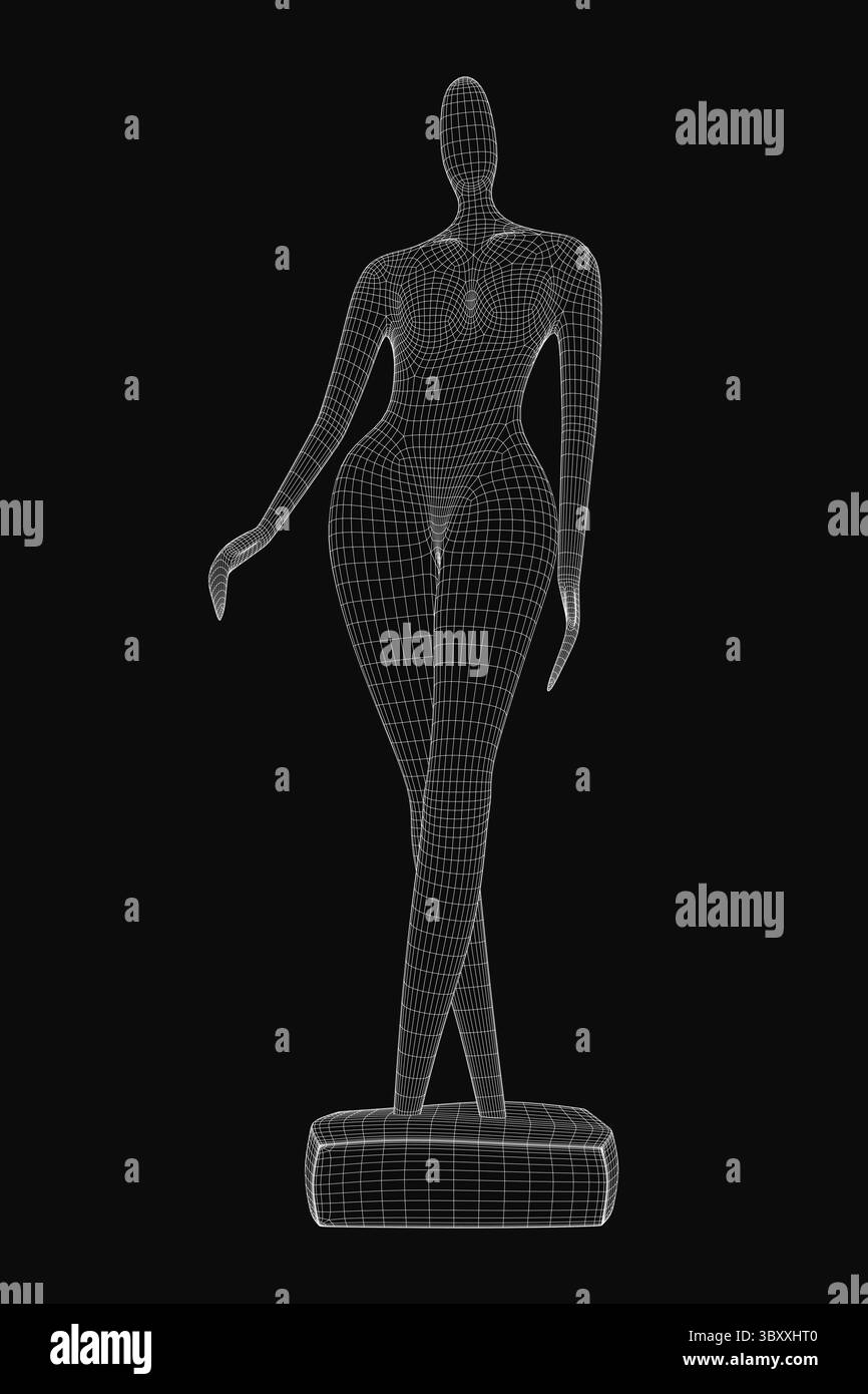 A wireframe sculpture of a woman with abstract geometric lines ...