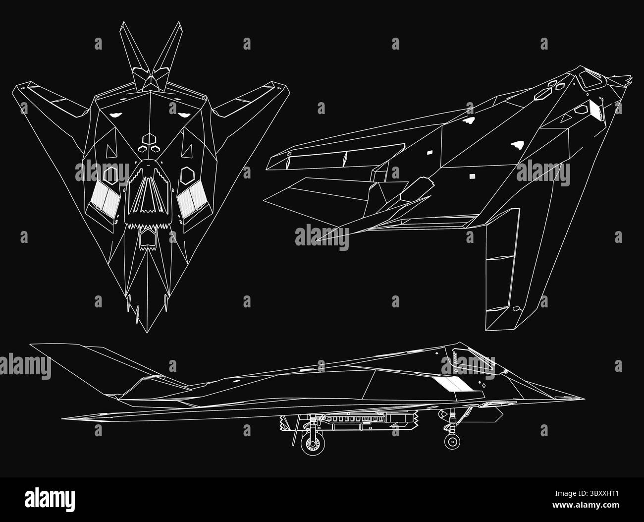 Three sleek fighter jets in black and white, arranged in a triangular ...