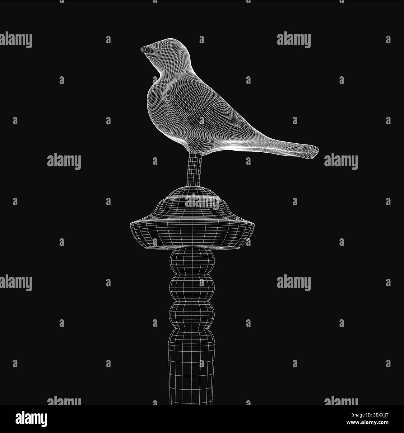 A 3D model of a bird perched on a pole, rendered with realistic details ...