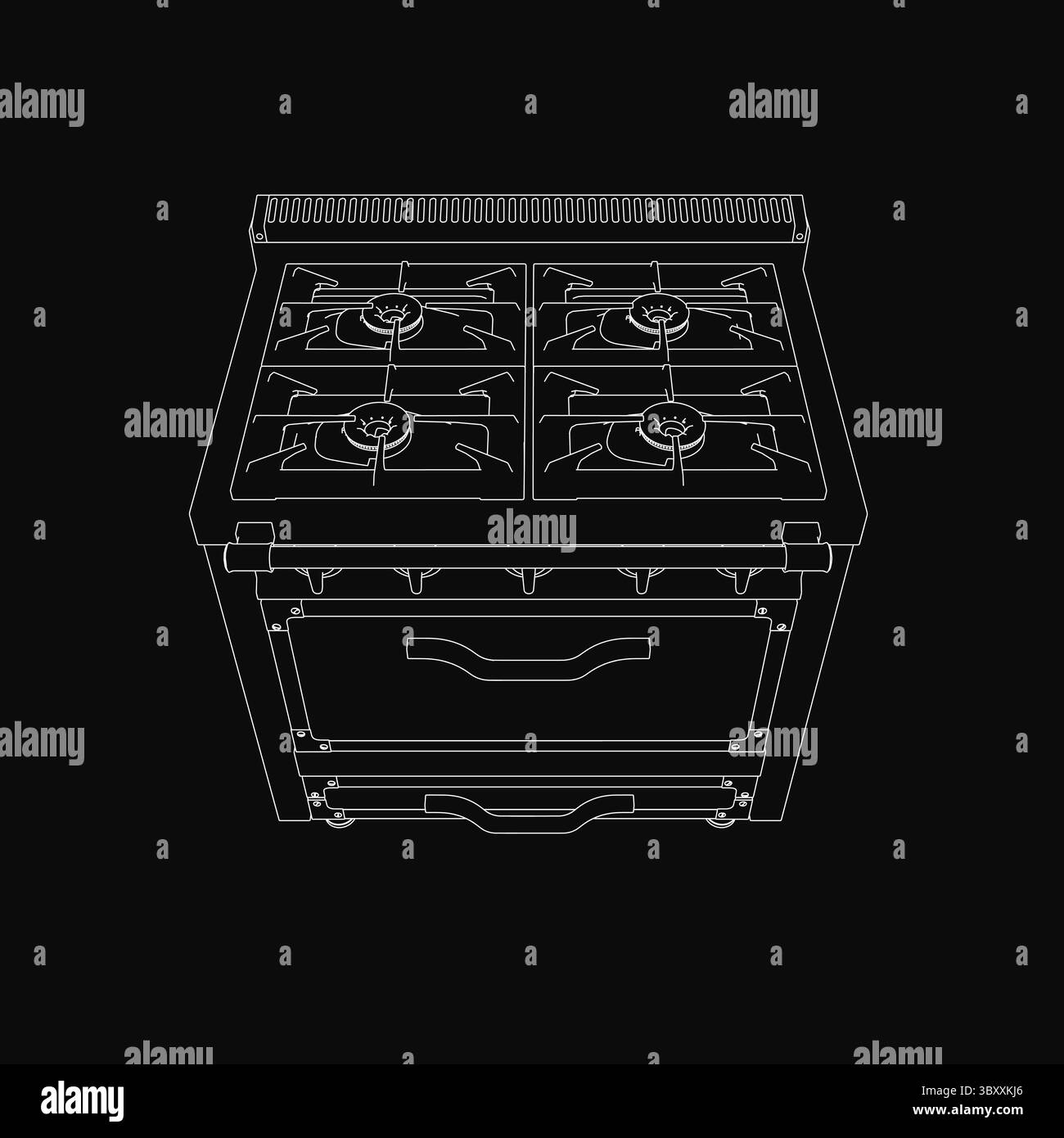 Black and white gas stove with four burners and two drawers, featuring ...