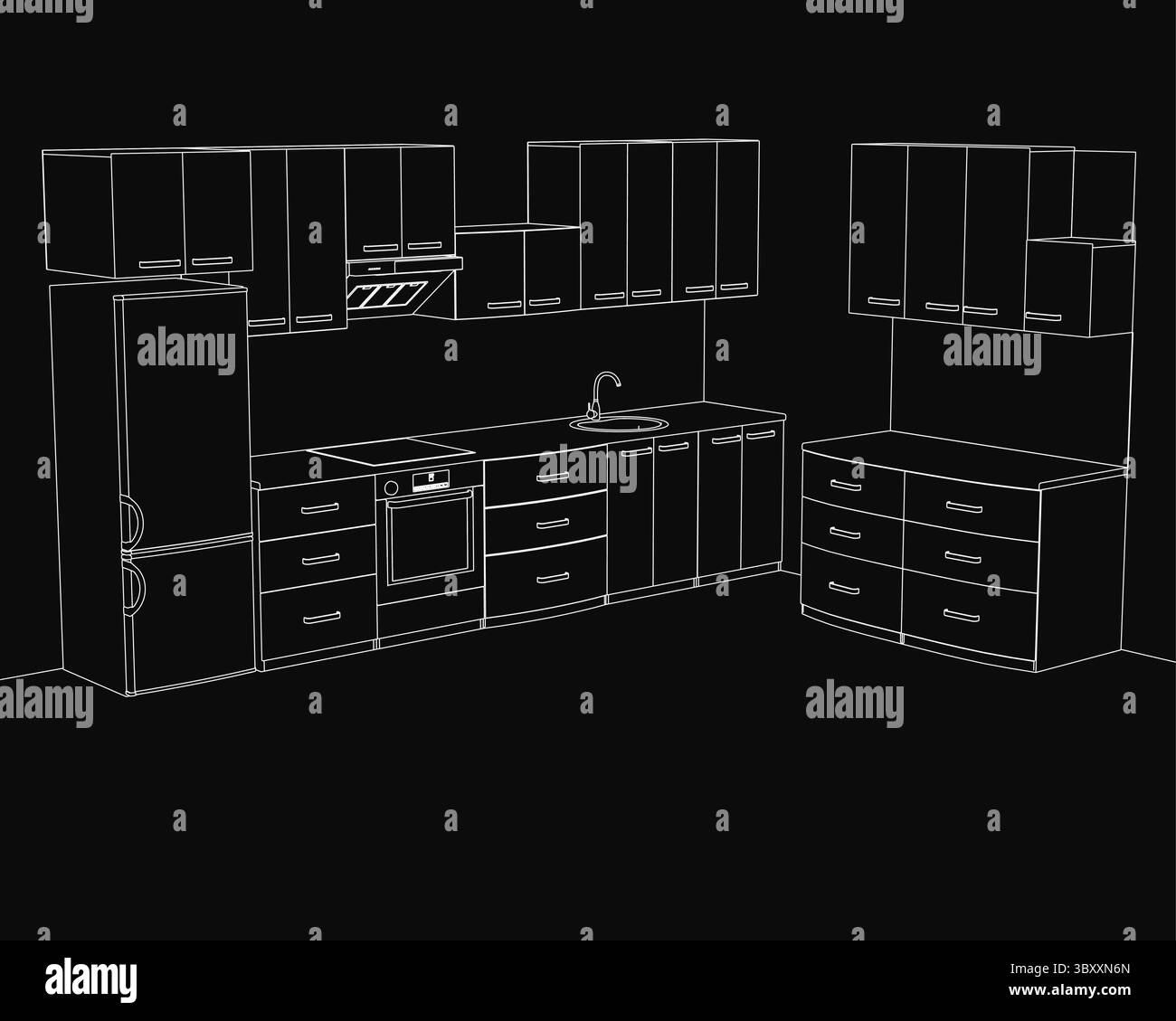 Black and white drawing of a sleek modern kitchen with dark cupboards ...
