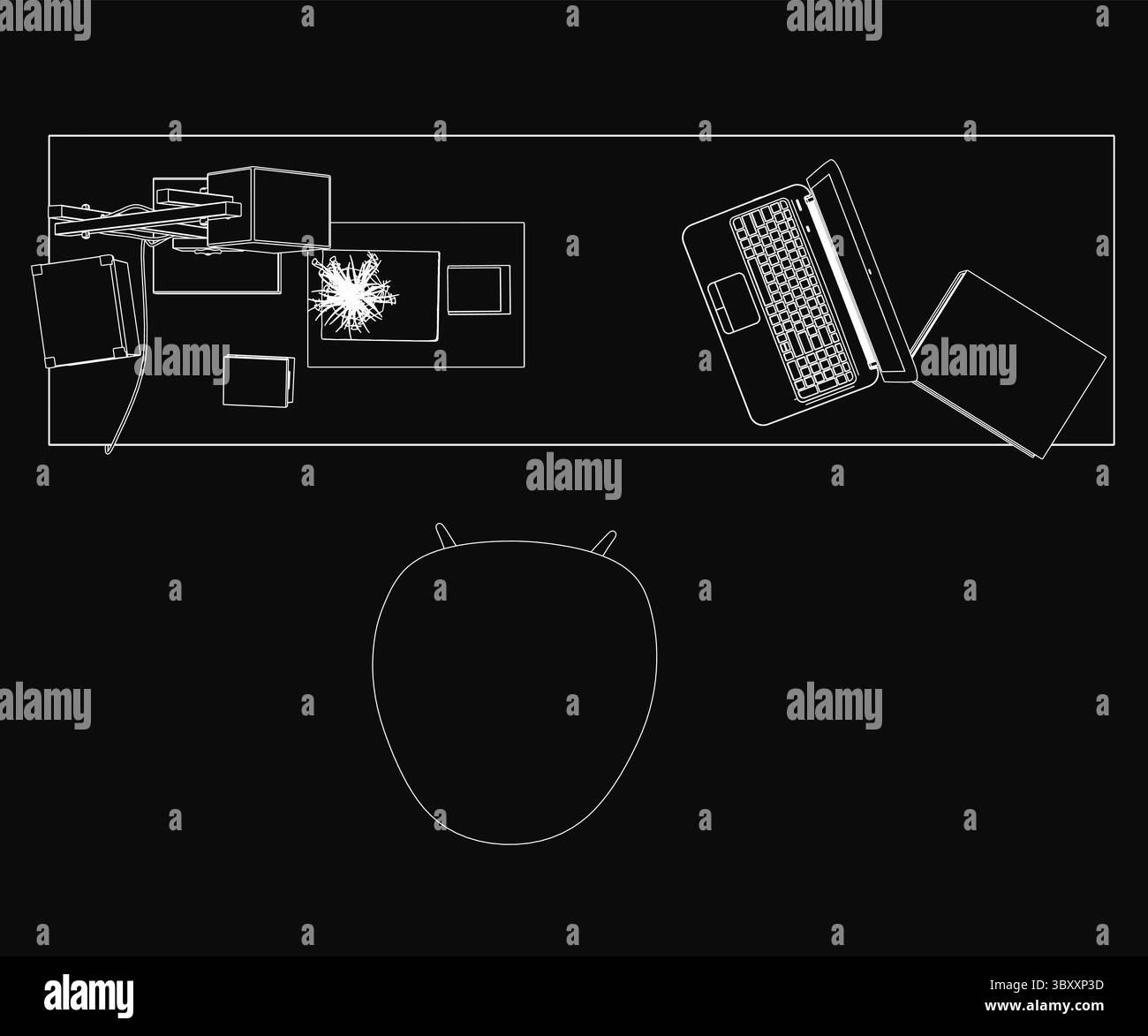 A black and white contour drawing of a laptop on a desk, accompanied by ...