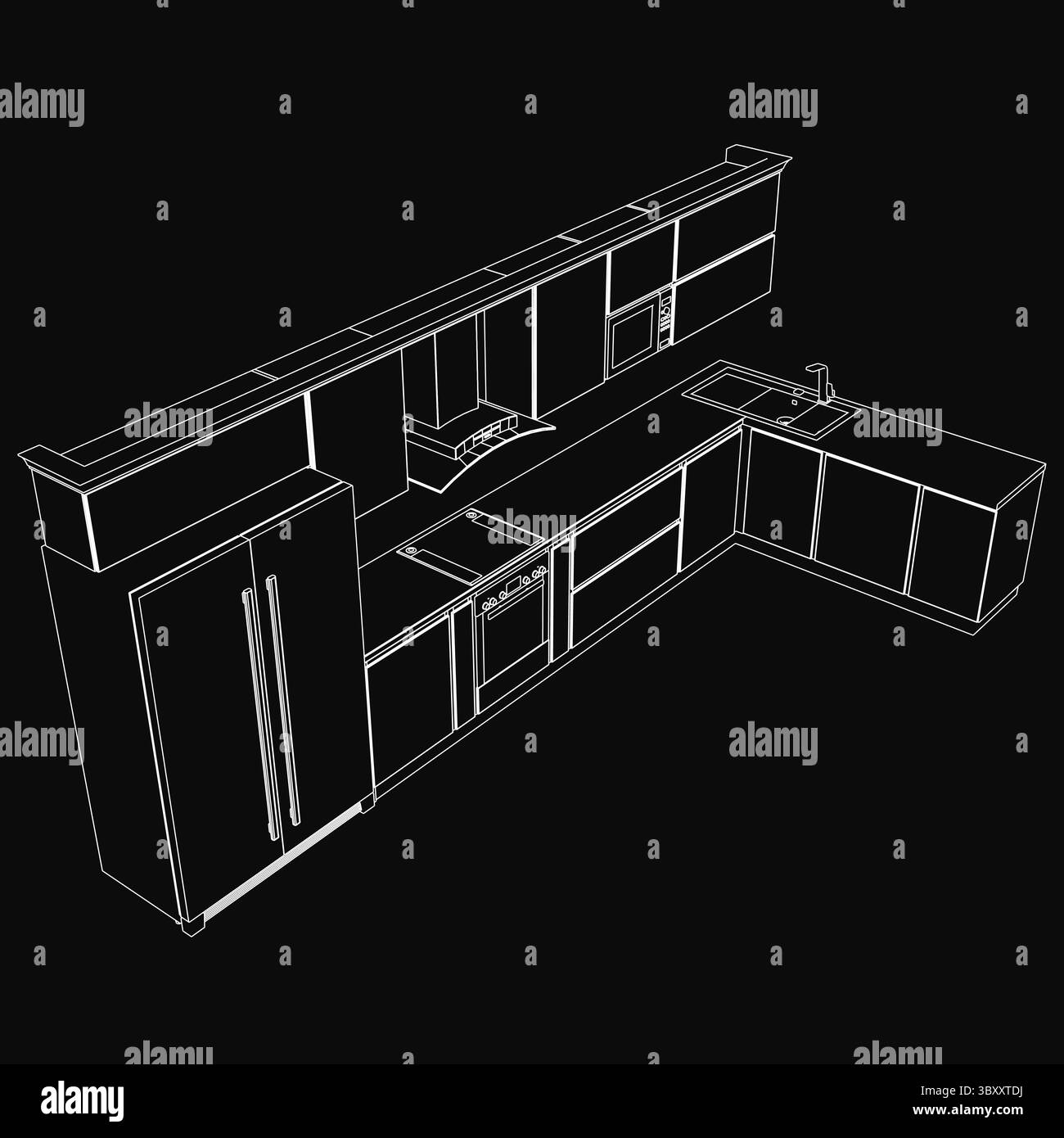 Black and white drawing of a sleek modern kitchen featuring a sink ...