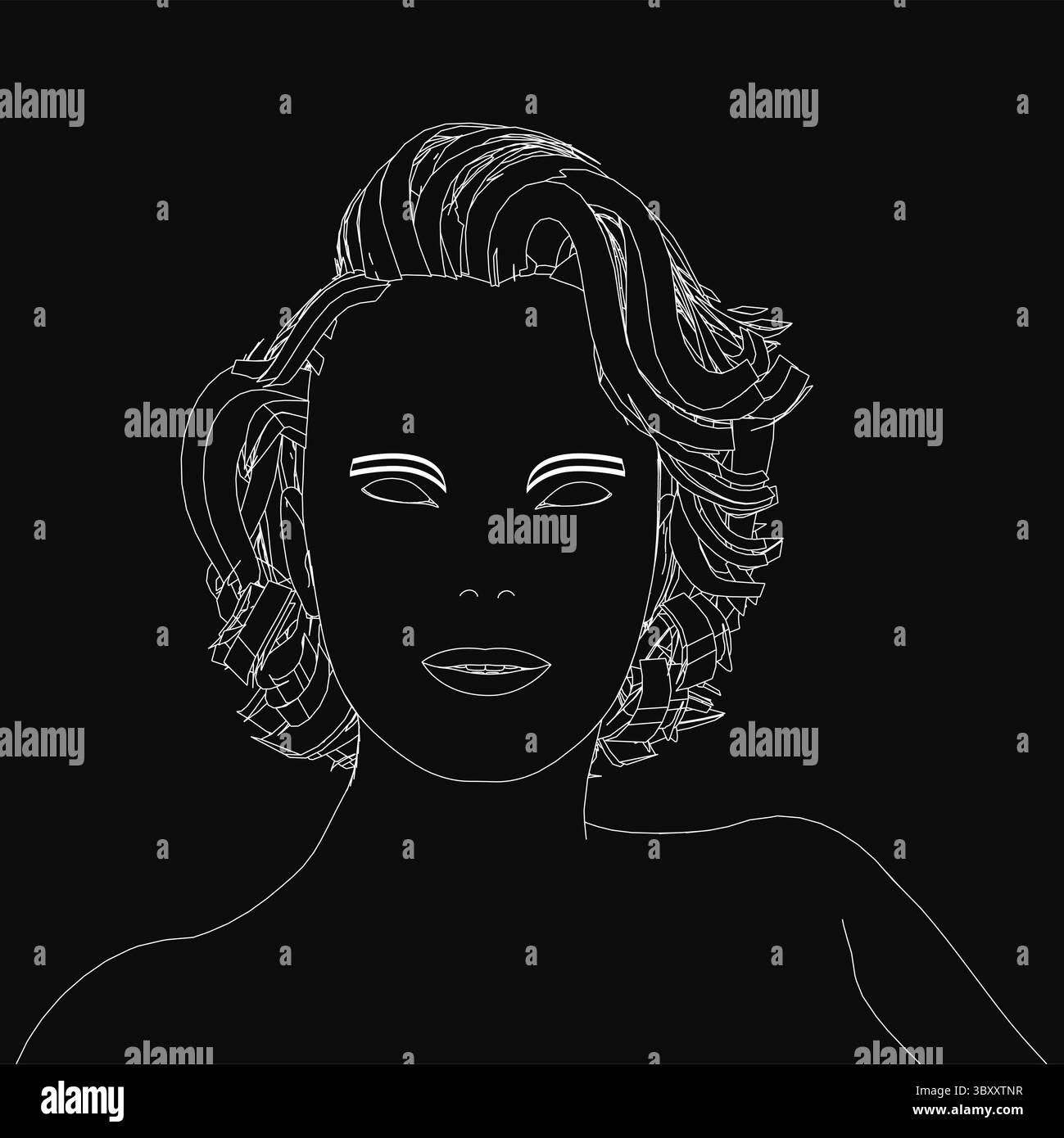 A black and white line drawing of a woman's face with a serious ...