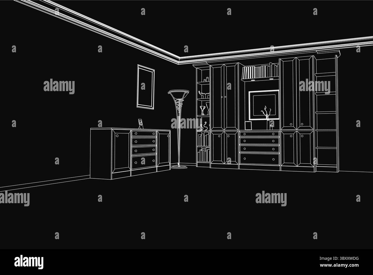 A black and white contour drawing of an elegant interior with a desk ...