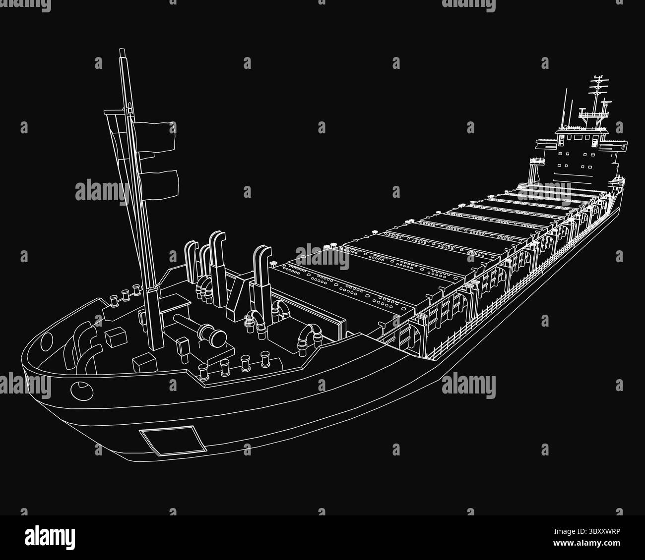A detailed 3D model of a cargo ship with a white hull and visible deck ...