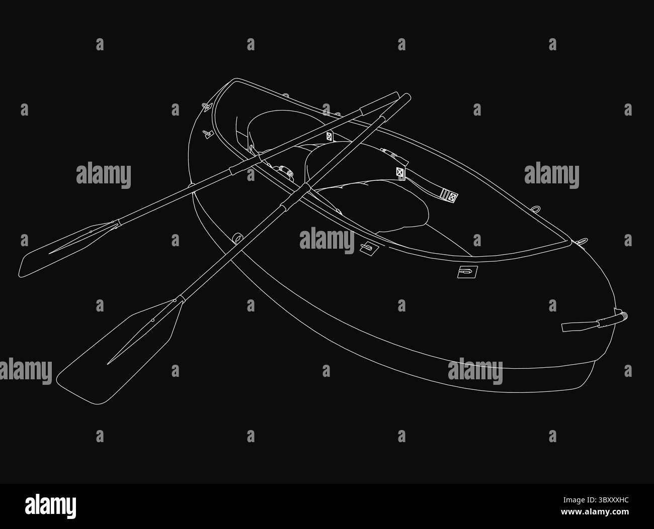 Black and white kayak drawing with two oars, featuring clean lines and ...