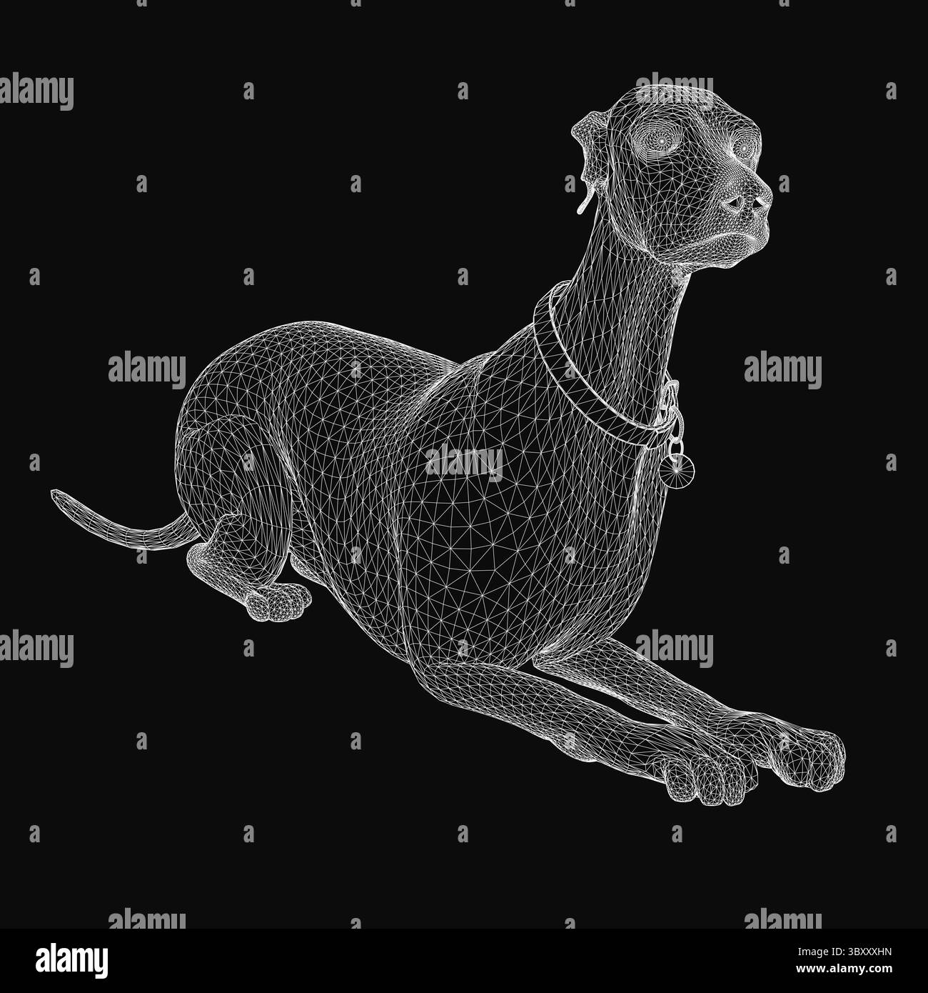 A 3D wireframe of a Labrador dog wearing a collar, rendered in sleek ...