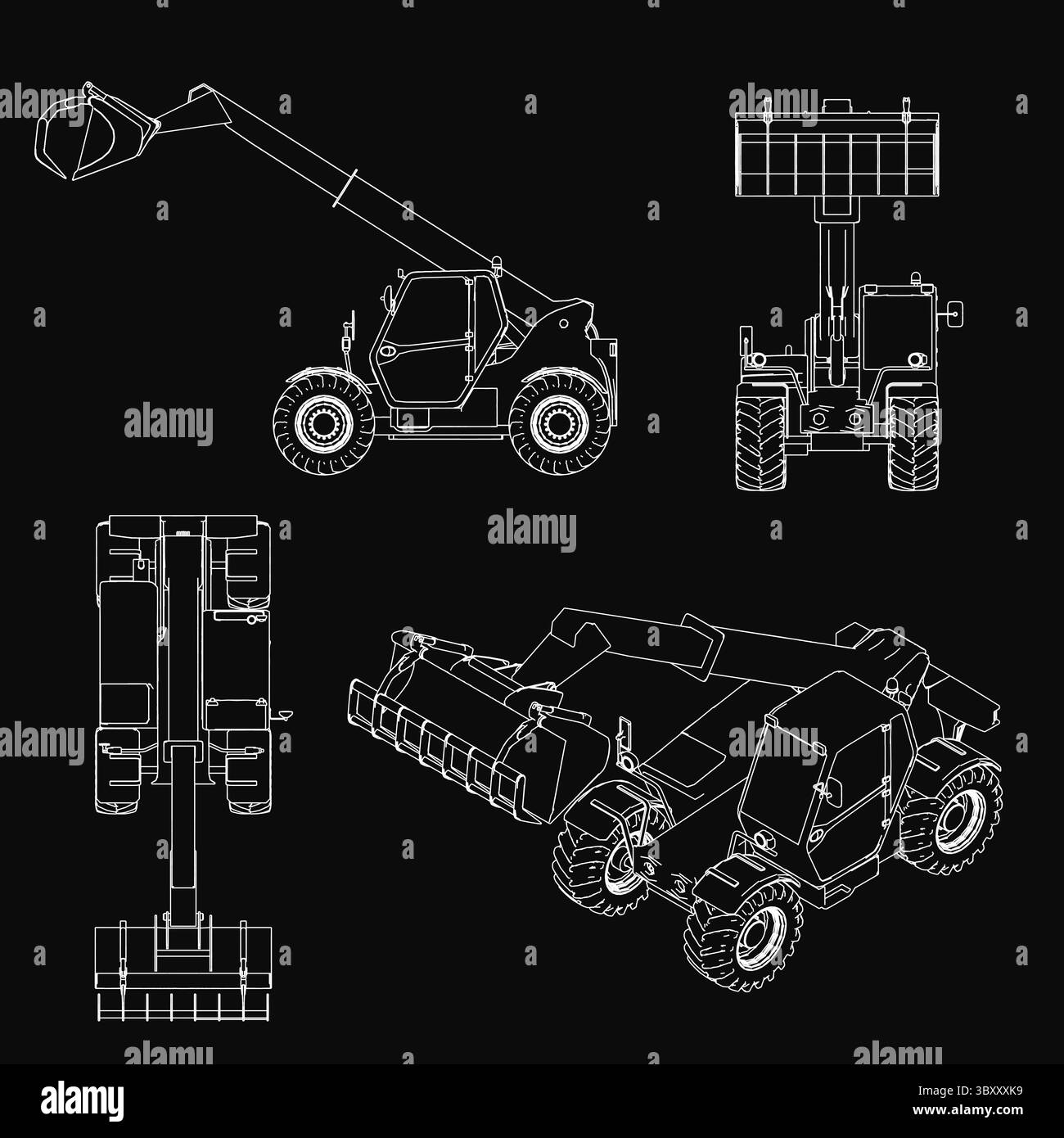 Blueprint of four construction vehicles on a black background ...