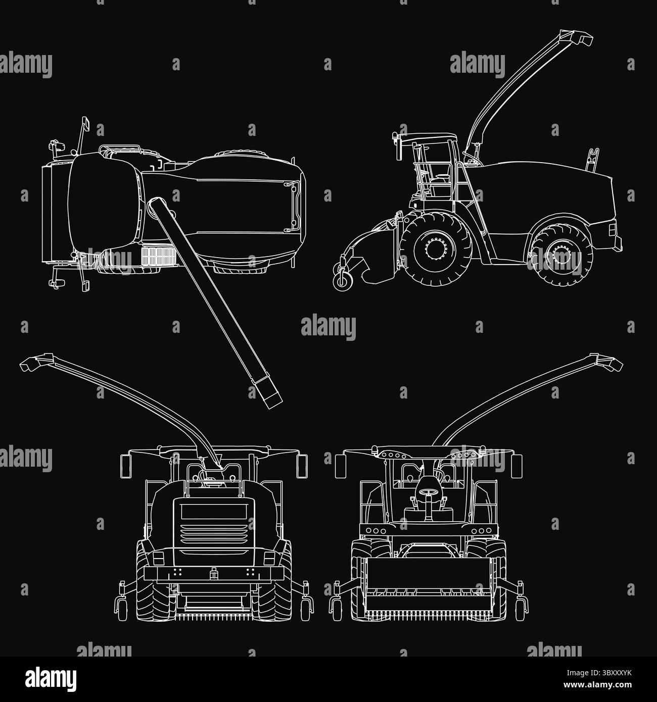 Detailed blueprint of a combine harvester on a black background ...