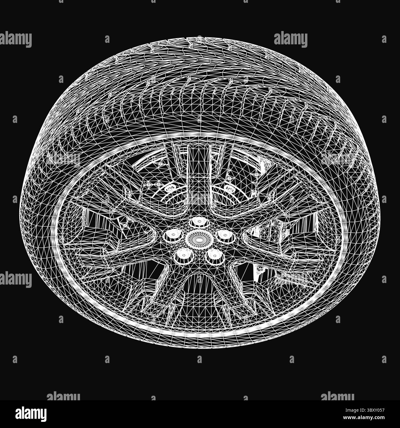 A black and white car wheel with intricate line patterns stands out ...