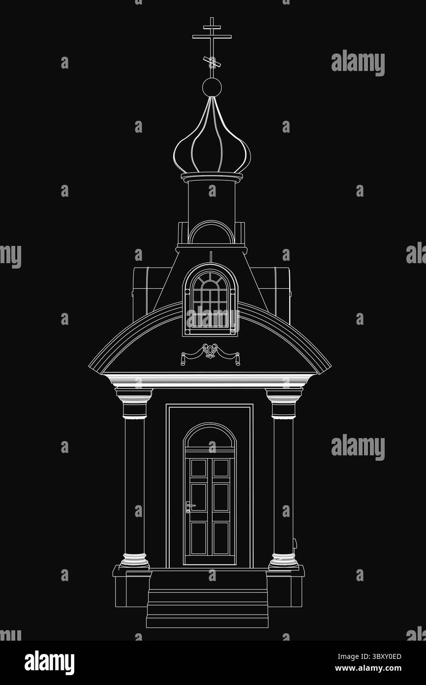 A black and white drawing of a chapel features a detailed door, arched ...