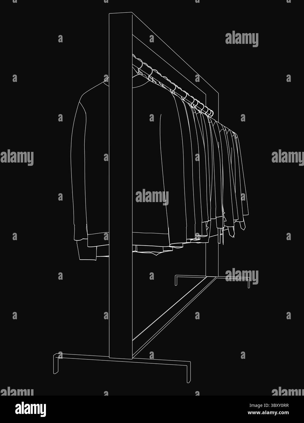 A black and white line drawing of a clothes rack with neatly hung ...