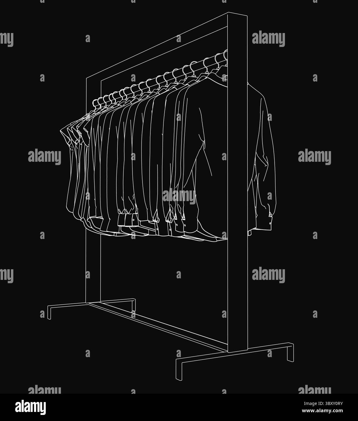 A black and white line drawing of a clothes rack with neatly hung ...