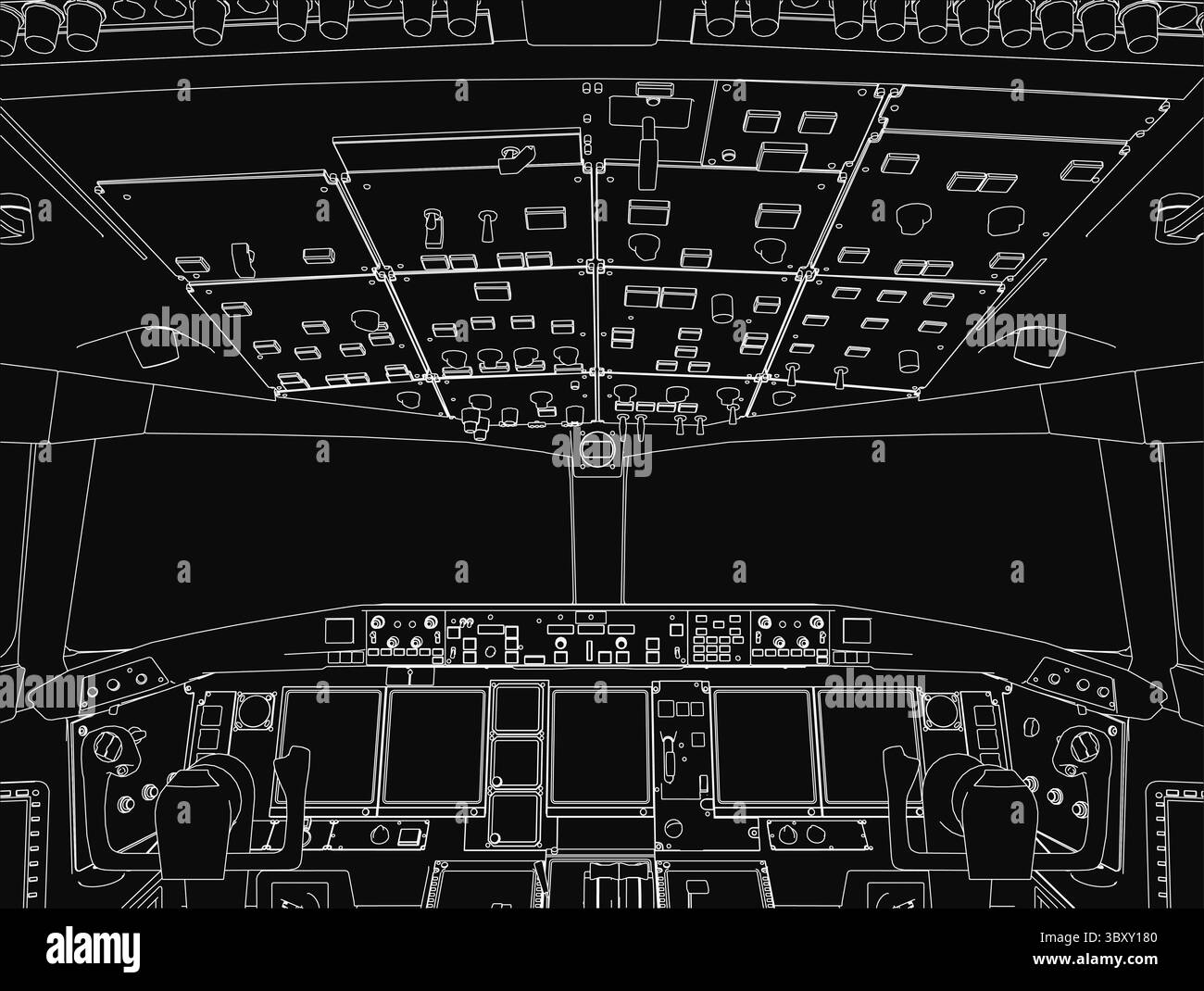A black and white contour drawing of an aircraft cockpit, featuring a ...