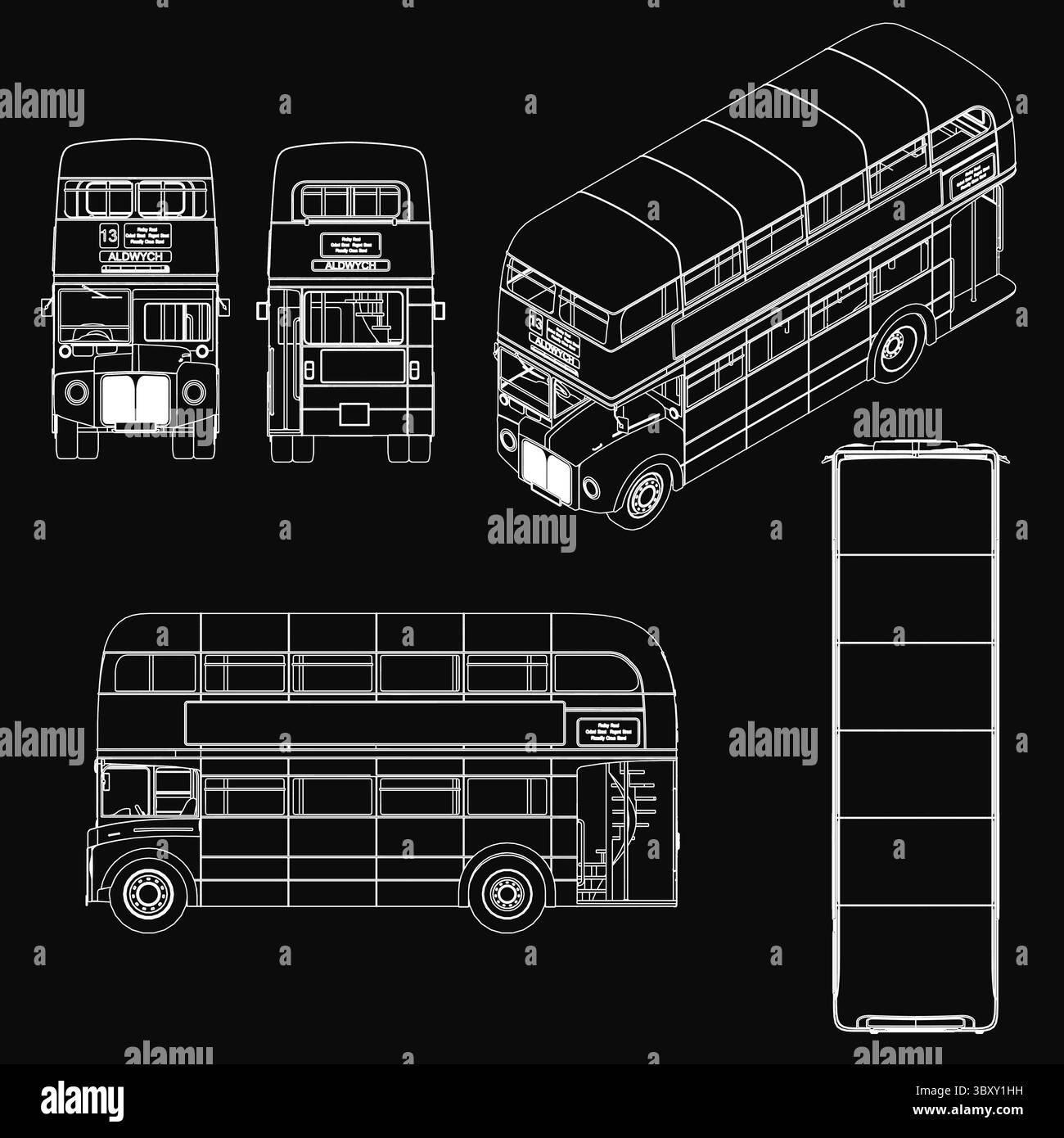 A detailed blueprint of an English double-decker bus on a black ...
