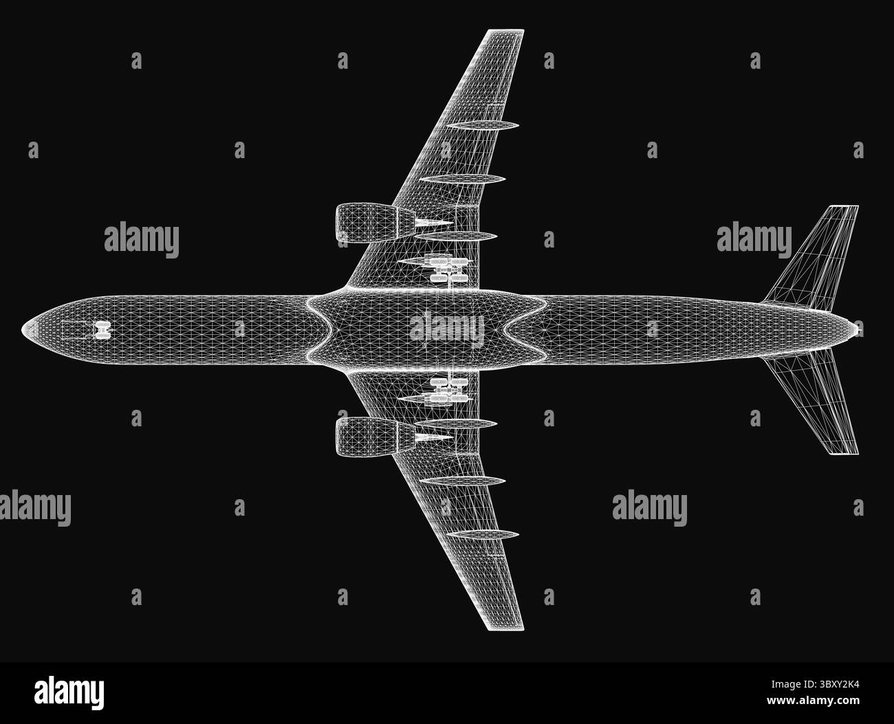 A 3D wireframe model of an airplane on a black background highlights ...