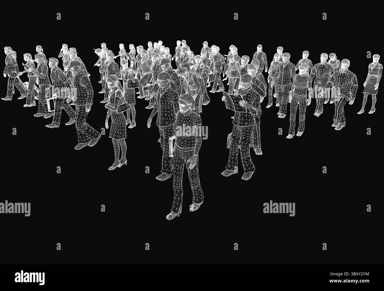 A large group of animated people standing in a line on a black ...