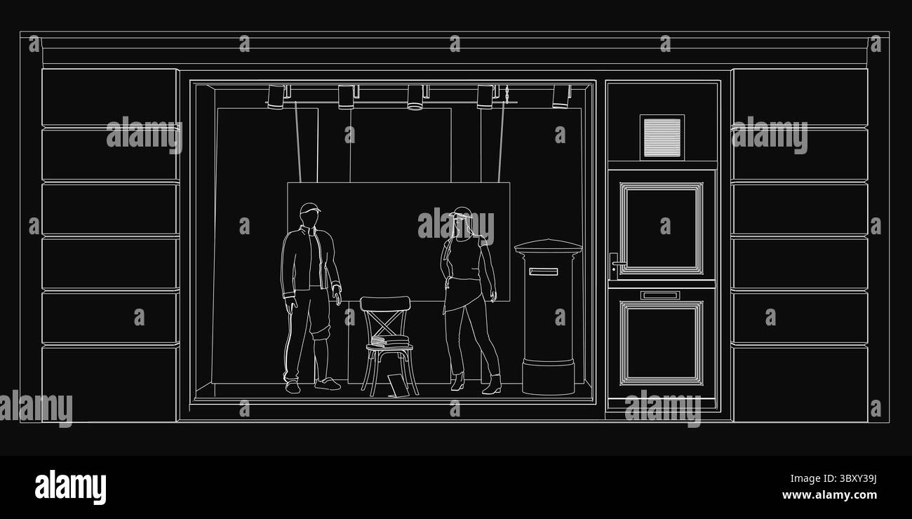 A clothing store window display with two mannequins, illustrated in ...