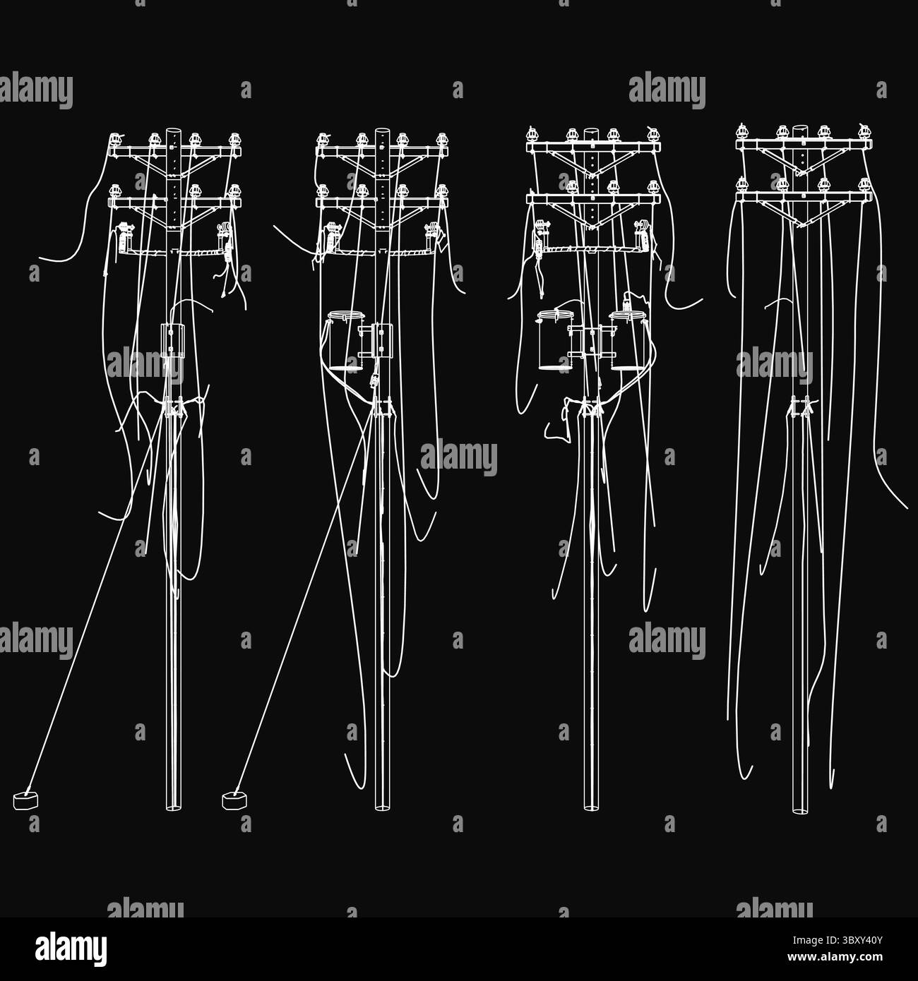 Four distinct black and white electrical poles stand in a row ...
