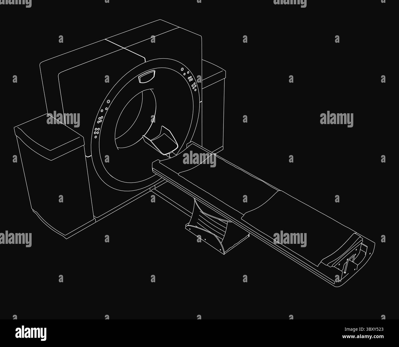 A black and white line drawing of an MRI machine with a cylindrical ...