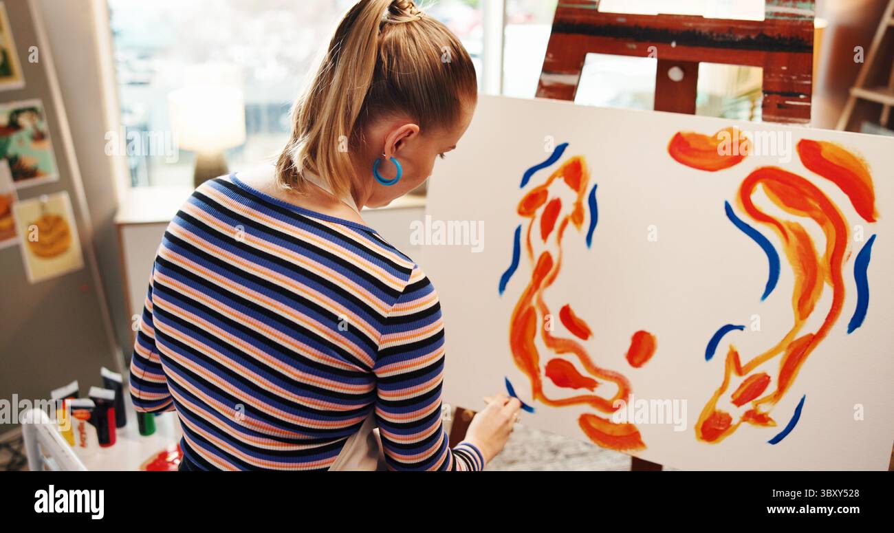 Painting, color and woman with canvas, studio or craft with creative ...