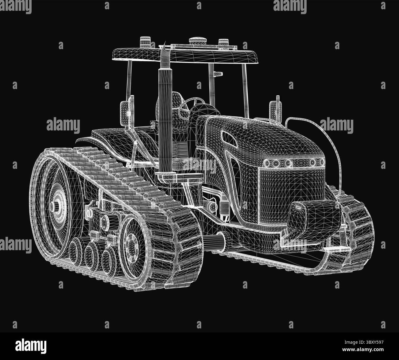 A detailed 3D model of a tractor on a black background, showcasing ...