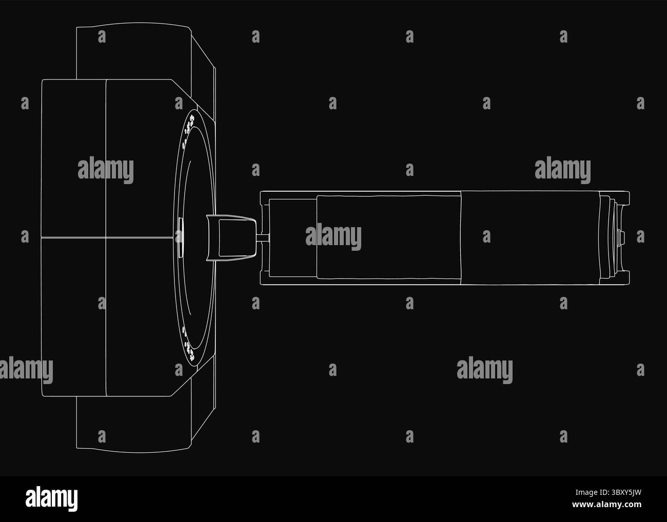Black and white drawing of a linear actuator with a metal body, ridges ...
