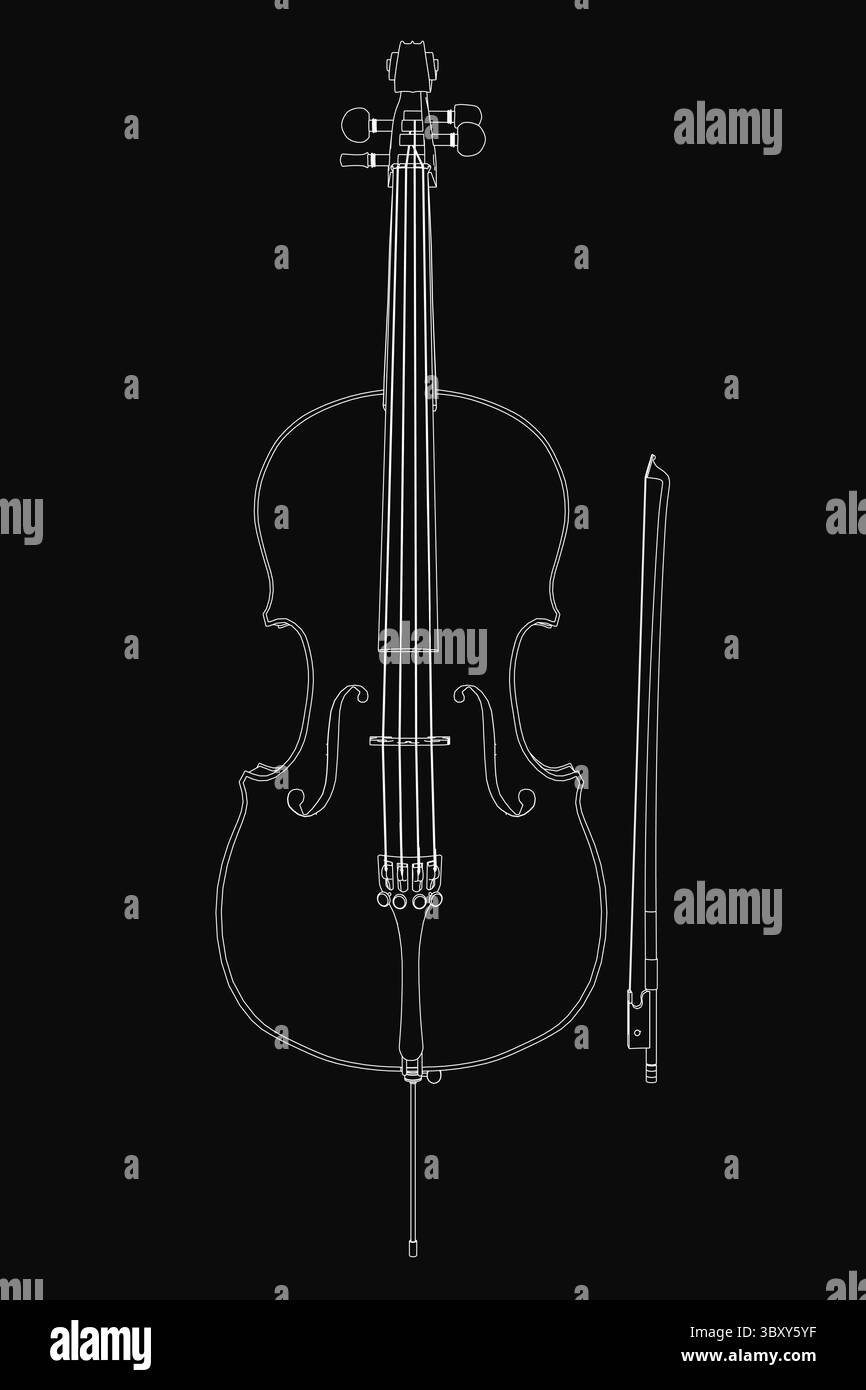 A black and white line art drawing of a cello on a dark background ...