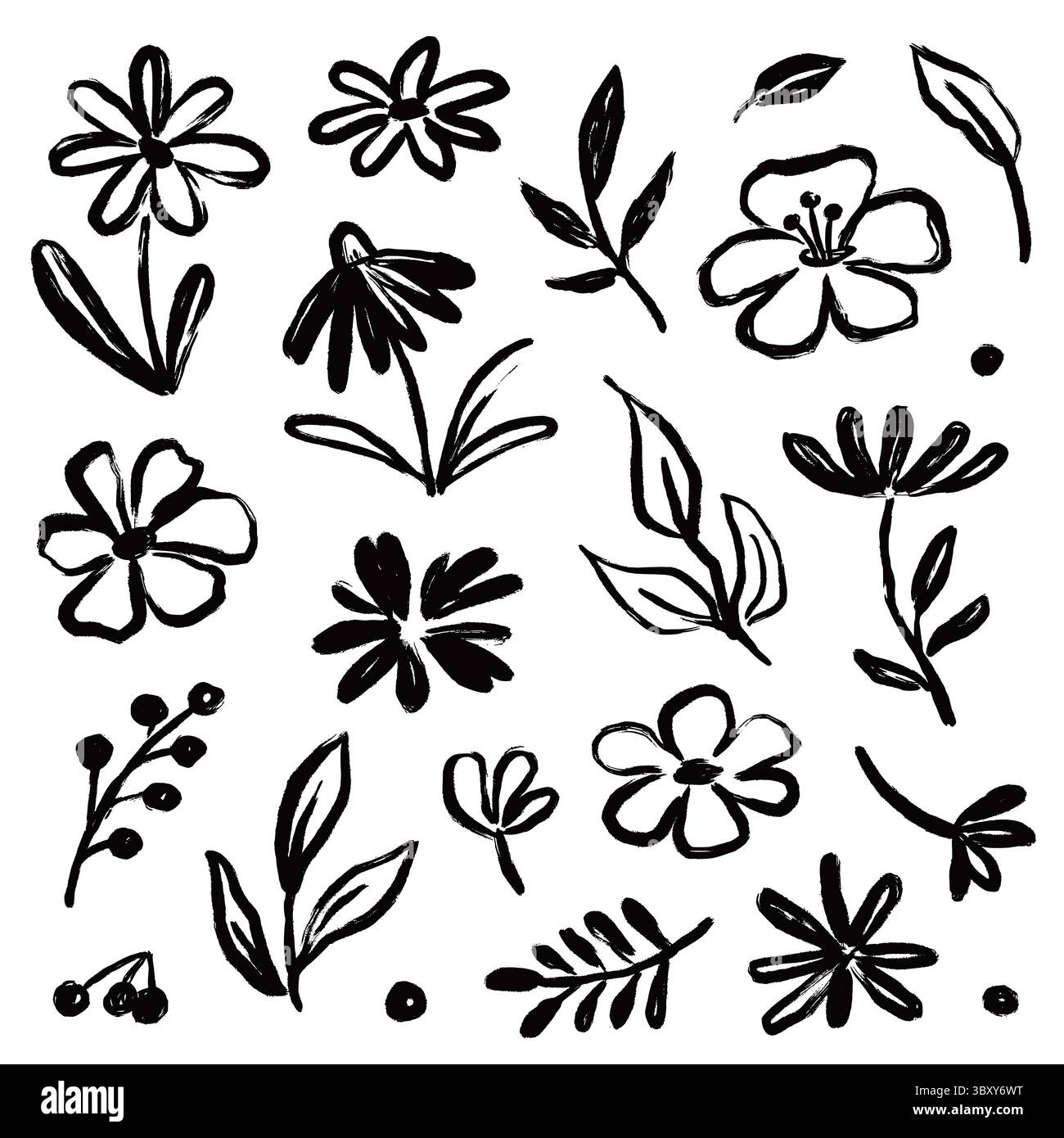 Flower brush paint stroke set. Hand drawn floral flower, leaf graffiti ...
