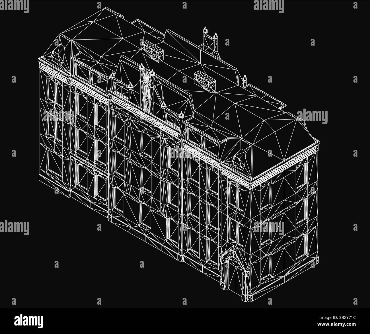A 3D wireframe model of a house on a black background highlights the ...