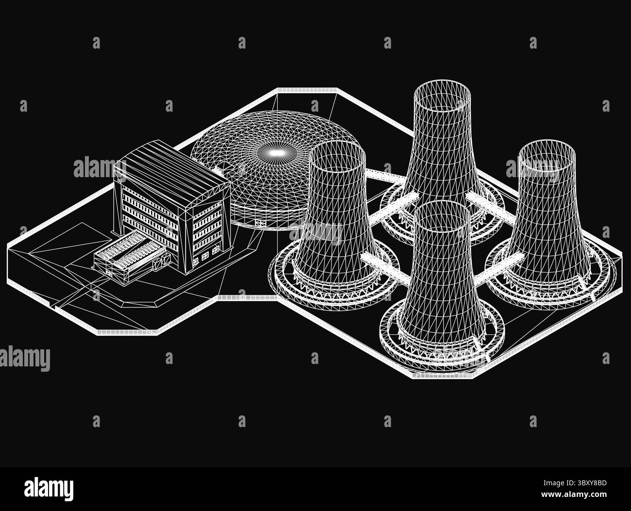 A 3D model of a nuclear power plant with a black background, featuring ...