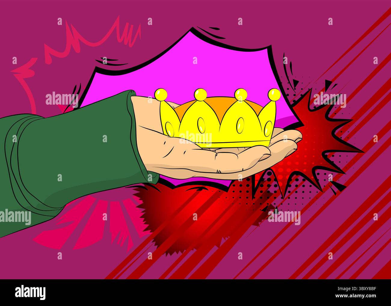 Cartoon, comic book human hands holding Crown. Retro vector comics pop ...