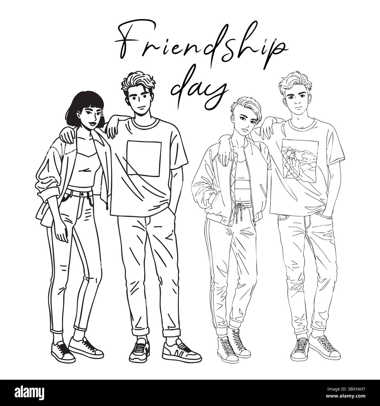 Friendship Day Hand Drawn Vector Illustrations of Best Friends Hugging ...