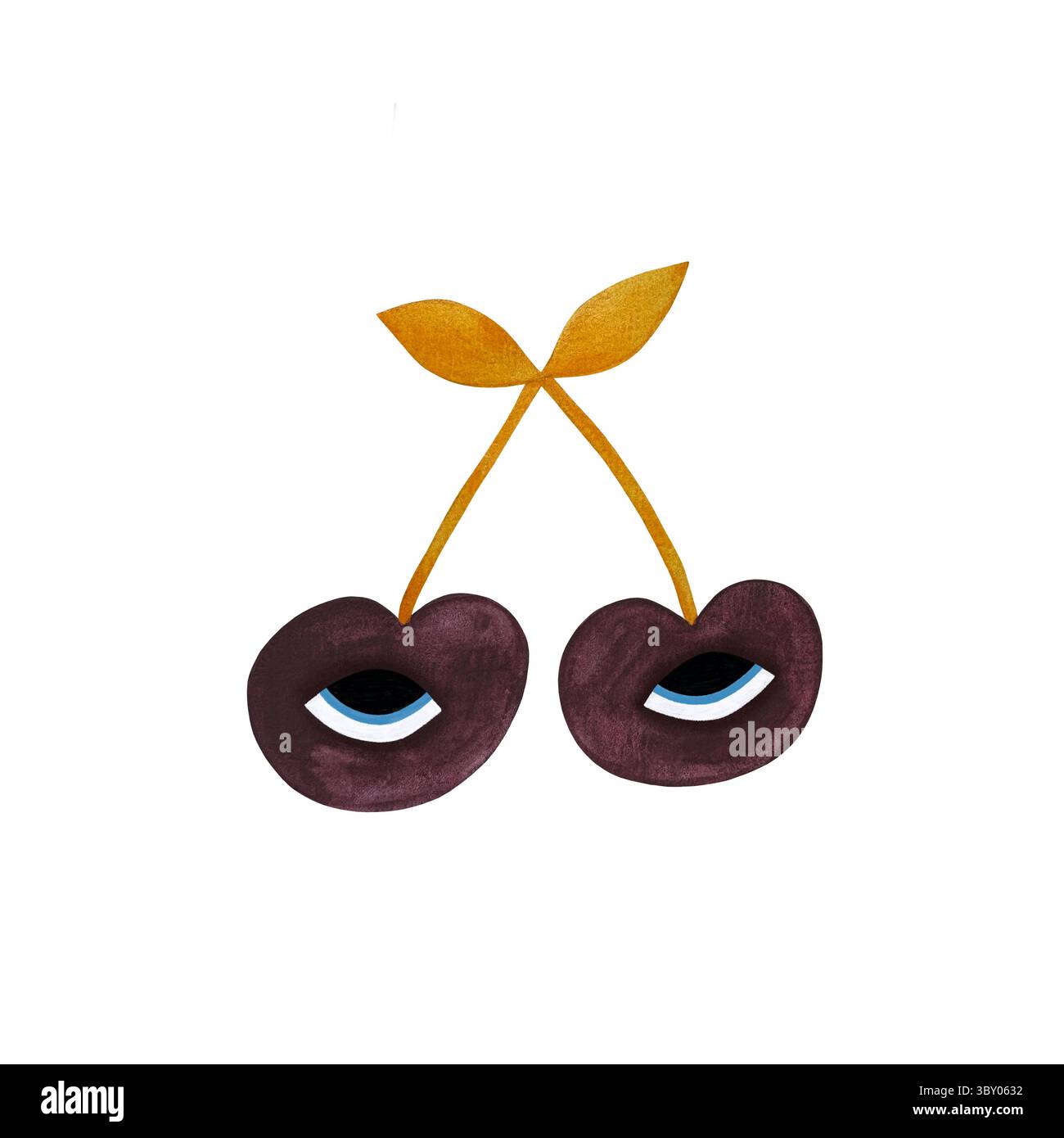 A watercolor illustration of a stylized pair of burgundy cherries with ...