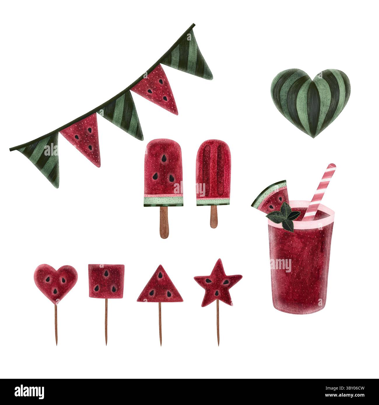 A watercolor set depicting a watermelon party theme with watermelon ...