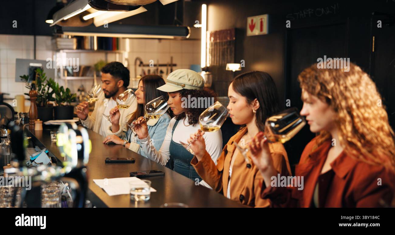 Restaurant, friends and smell glass at wine tasting for experience ...