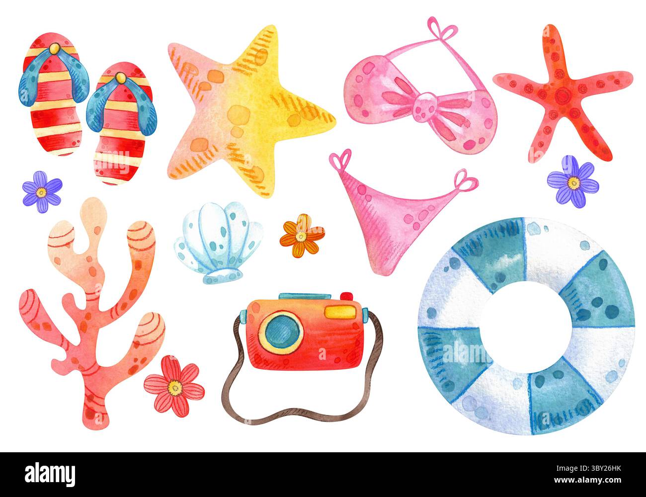 Set of watercolor beach illustrations. Hand drawn summer objects ...