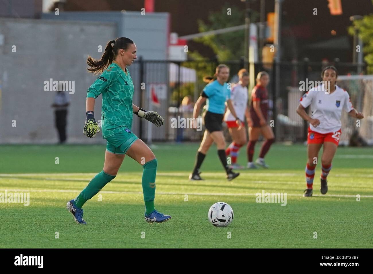 Anna Karpenko #1 of Montreal Roses FC pass the ball during the Northern ...