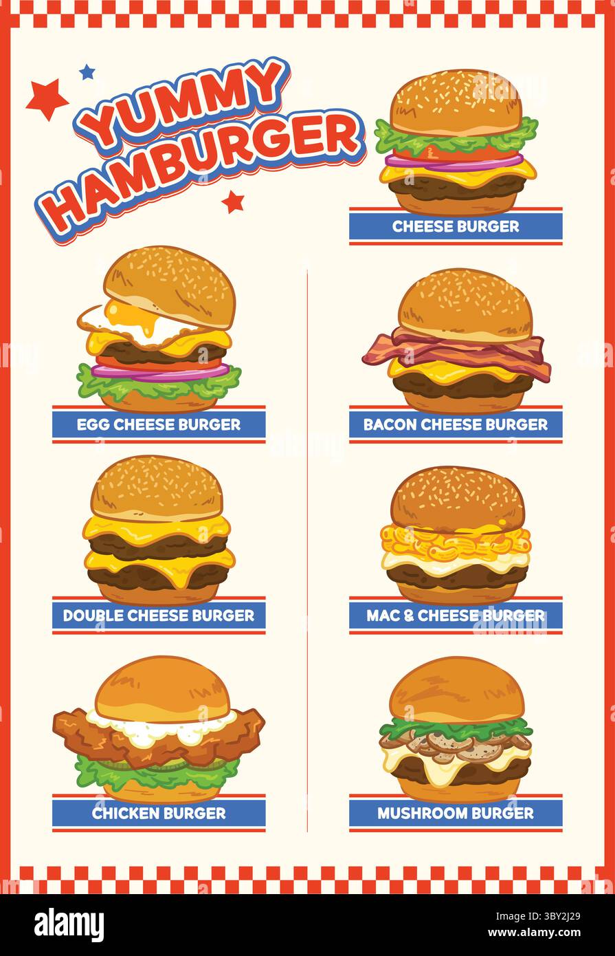 Yummy Hamburger Menu Illustration, 8 Types of Cute Burger Icons, Food ...