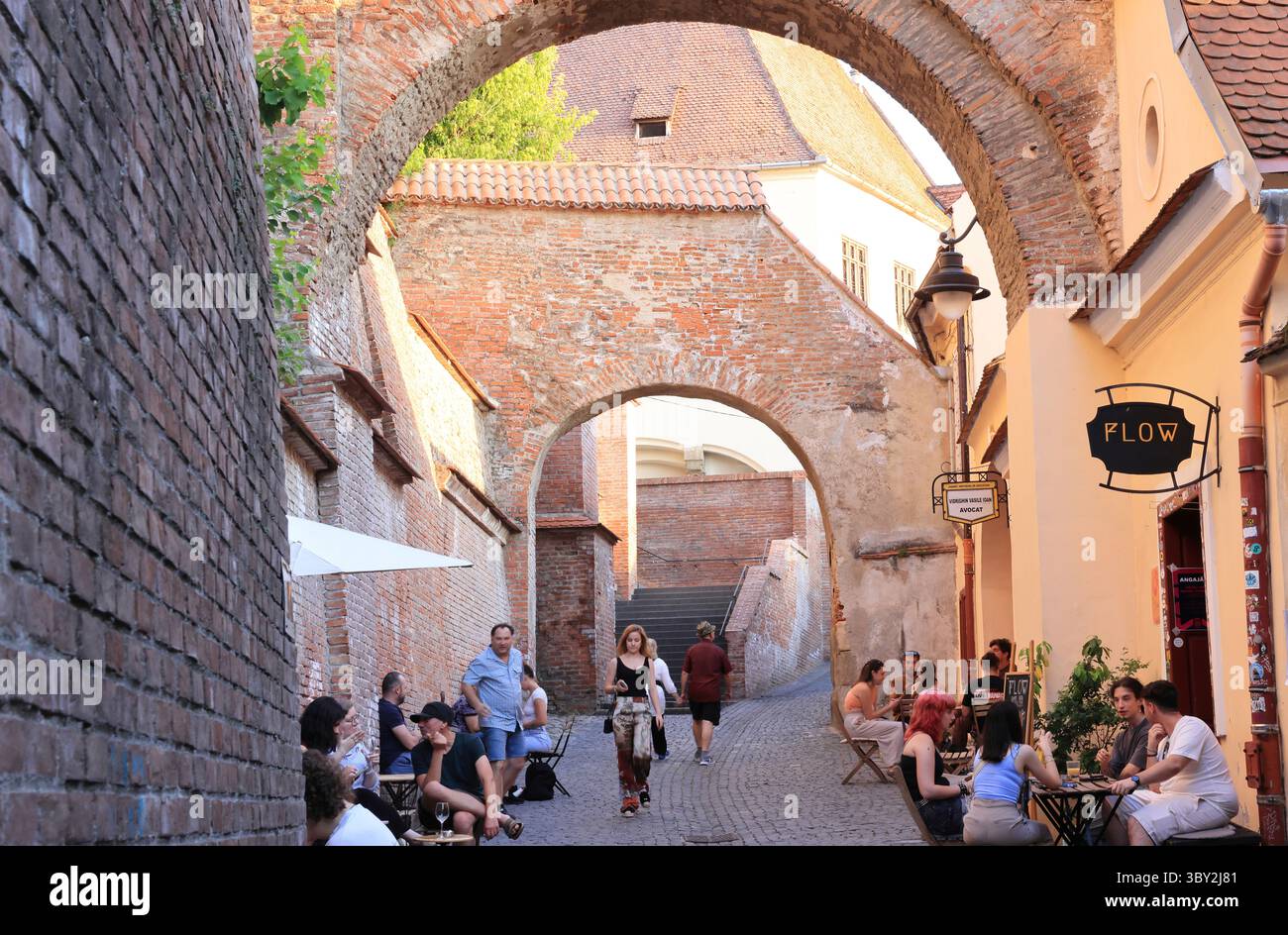 The medieval Lower Town in Sibiu, a charming area, with colourful ...